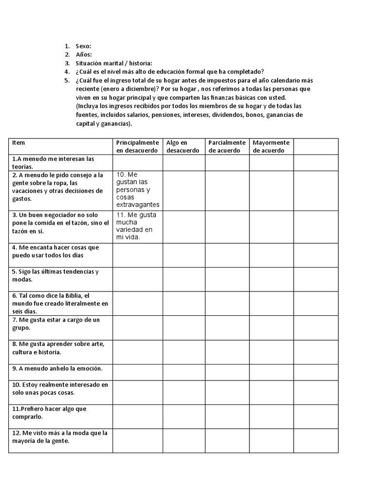 Cuestionario Vals | PDF | Relaciones personales, crianza y desarrollo ...