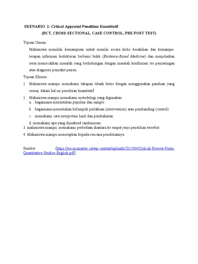SKENARIO 1: Critical Appraisal Penelitian Kuantitatif (RCT, Cross ...