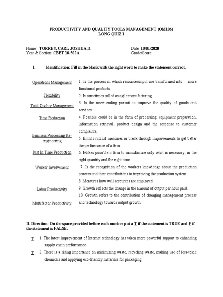 Productivity and Quality Tools Quiz1 | PDF | Operations Management ...