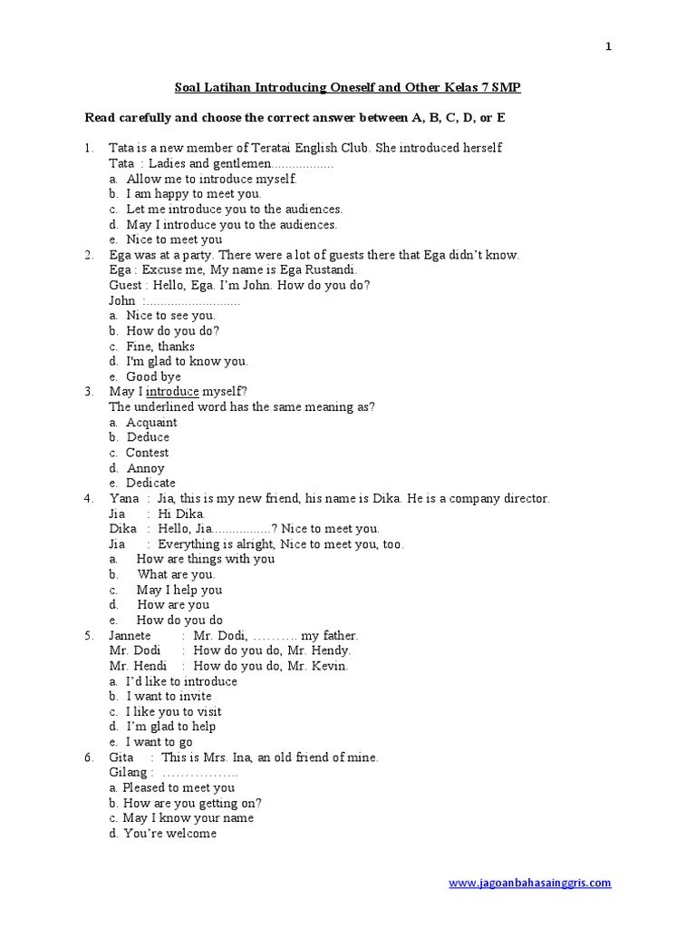 Soal Introducing Oneself and Other Kelas 7 SMP | PDF Soal Introducing Oneself and Other Kelas 7 SMP | PDF