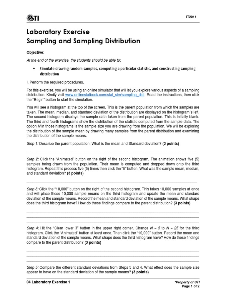 Laboratory Exercise Sampling and Sampling Distribution | PDF | Mean ...