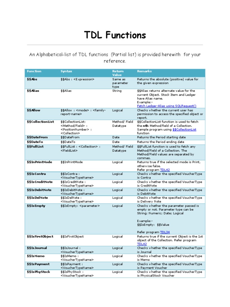 TDL Functions: An Alphabetical-List of TDL Functions (Partial List) Is ...