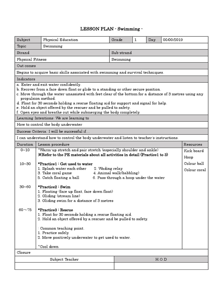 LESSON PLAN - Swimming | Download Free PDF | Swimming | Recreation