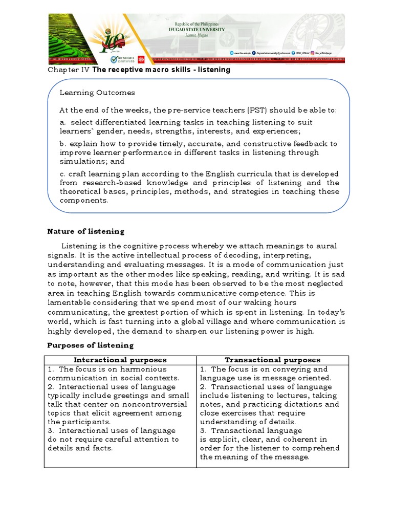 Chapter IV The Receptive Macro Skills | PDF | Reading Comprehension ...