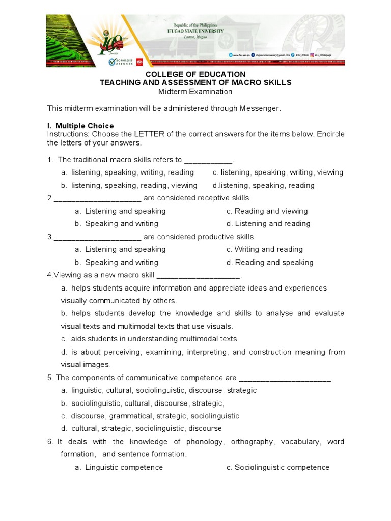 Teaching and Assessment of Macro Skills Midterm Exam 2020 | PDF ...