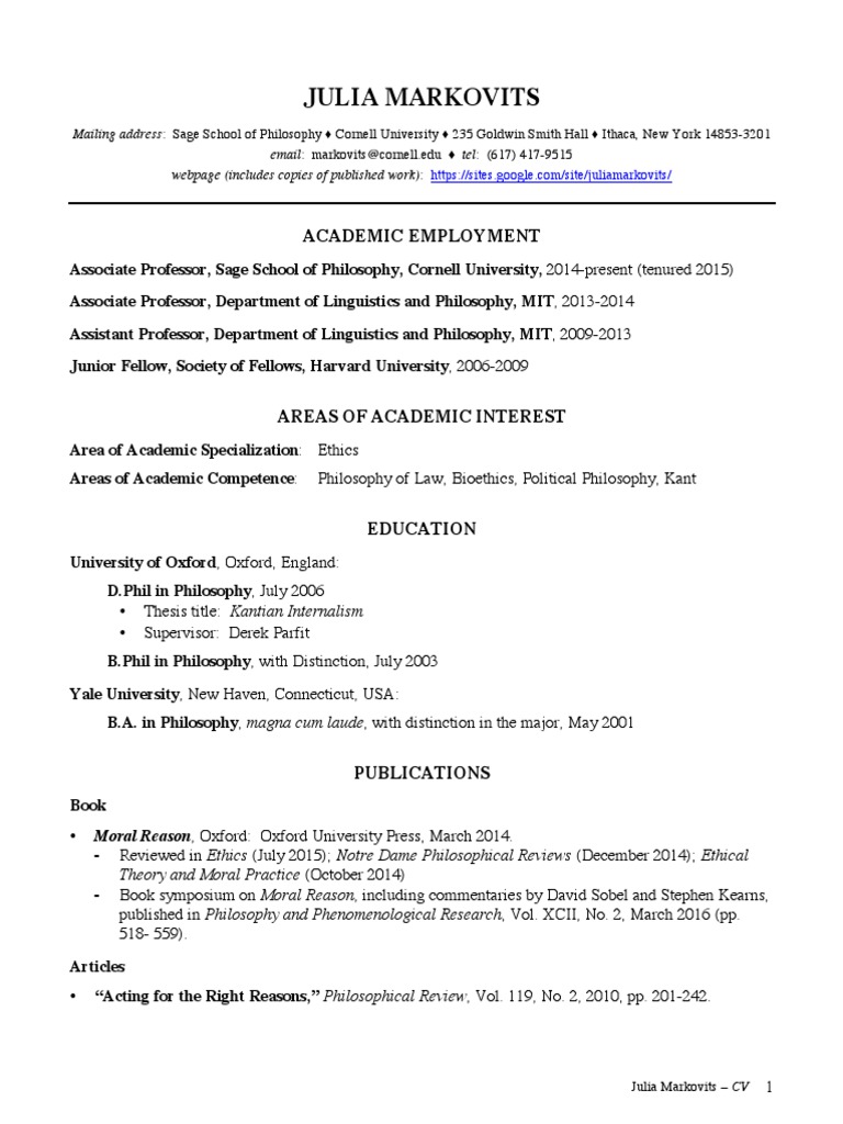 Julia Markovits: CV and Academic Profile | PDF | Immanuel Kant | Reason