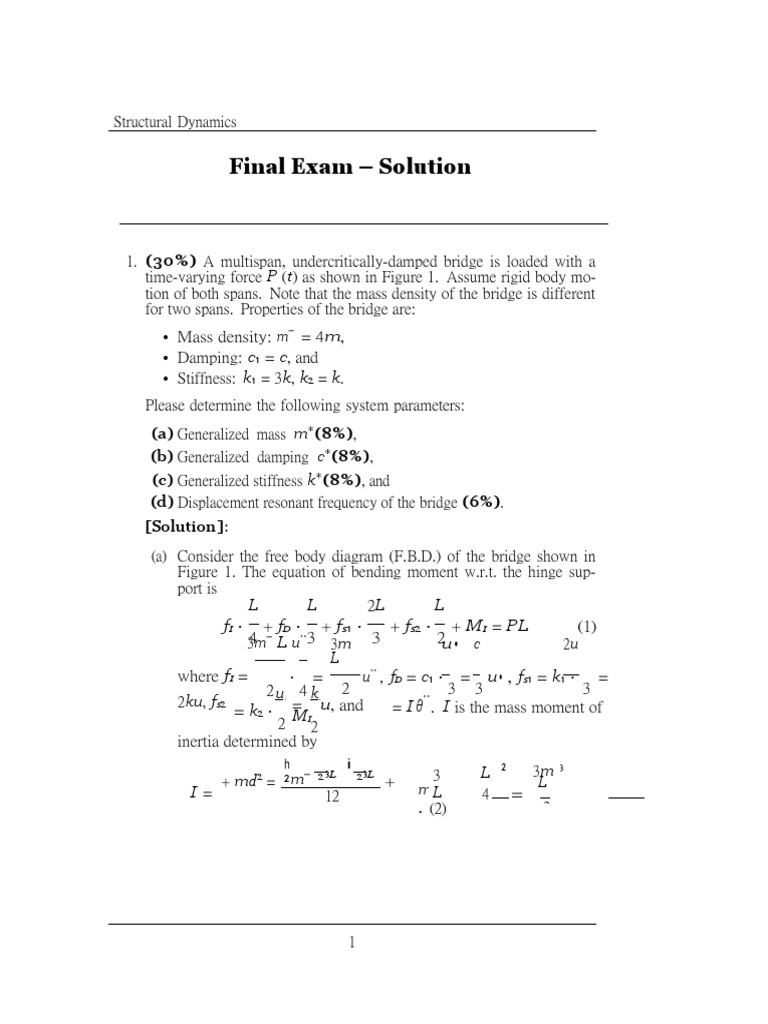 Final Exam - Solution: P (T) As Shown in Figure 1. Assume Rigid Body Mo ...