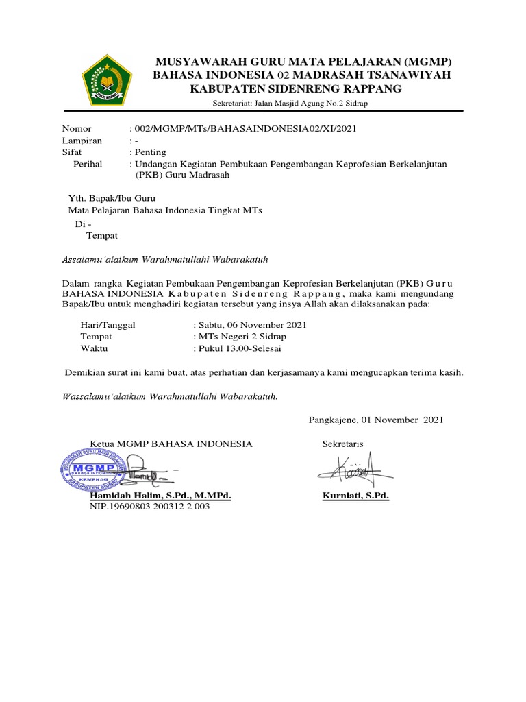 Undangan Pembukaan PKB Guru Bahasa Indonesia | PDF | Karier & Perkembangan