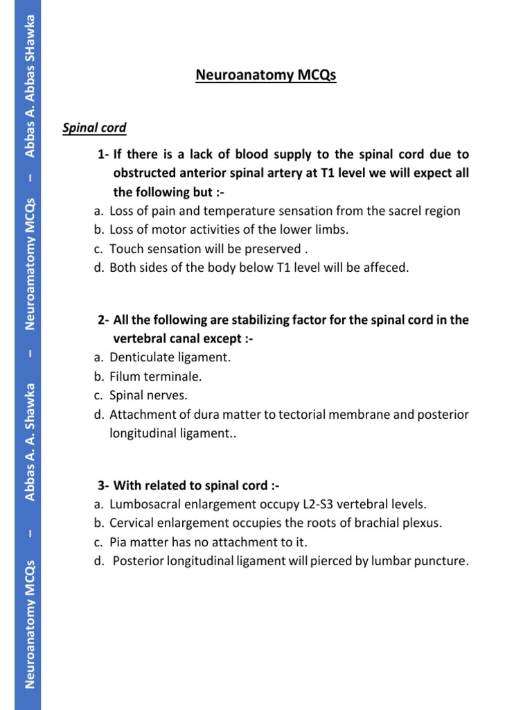 Neuroanatomy MCQs and Answers | PDF | Spinal Cord | Cerebellum