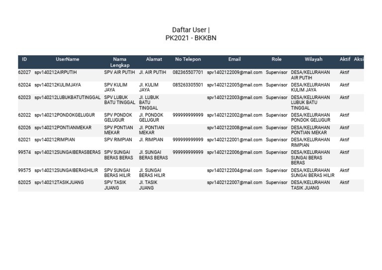 Daftar User Pk2021 - BKKBN | PDF
