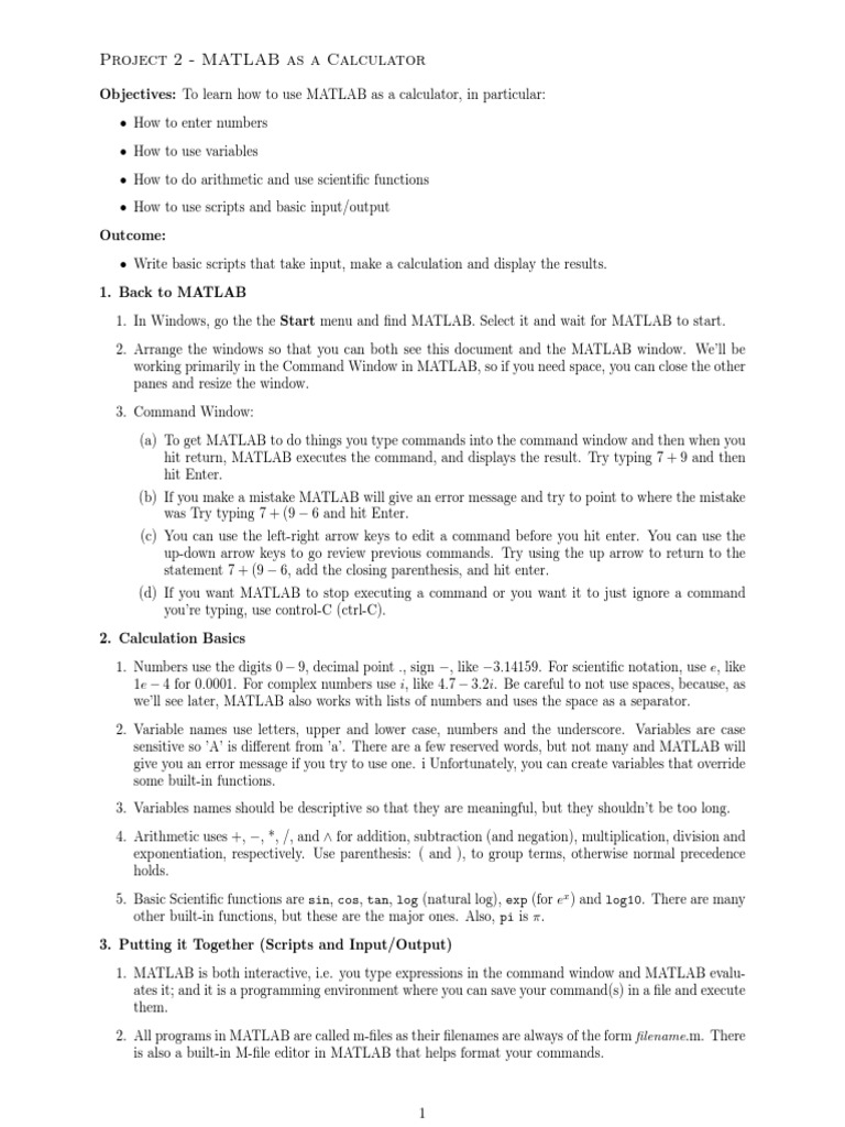 Project 2 - MATLAB As A Calculator | PDF | Matlab | Directory (Computing)