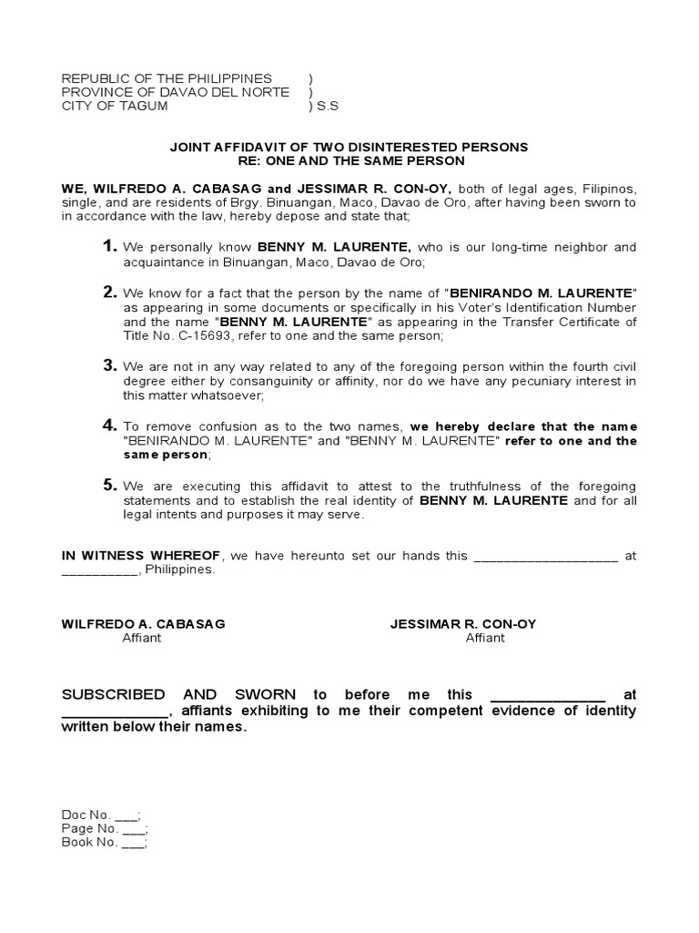 Joint Affidavit of Two Disinterested Persons One and The Same Person ...