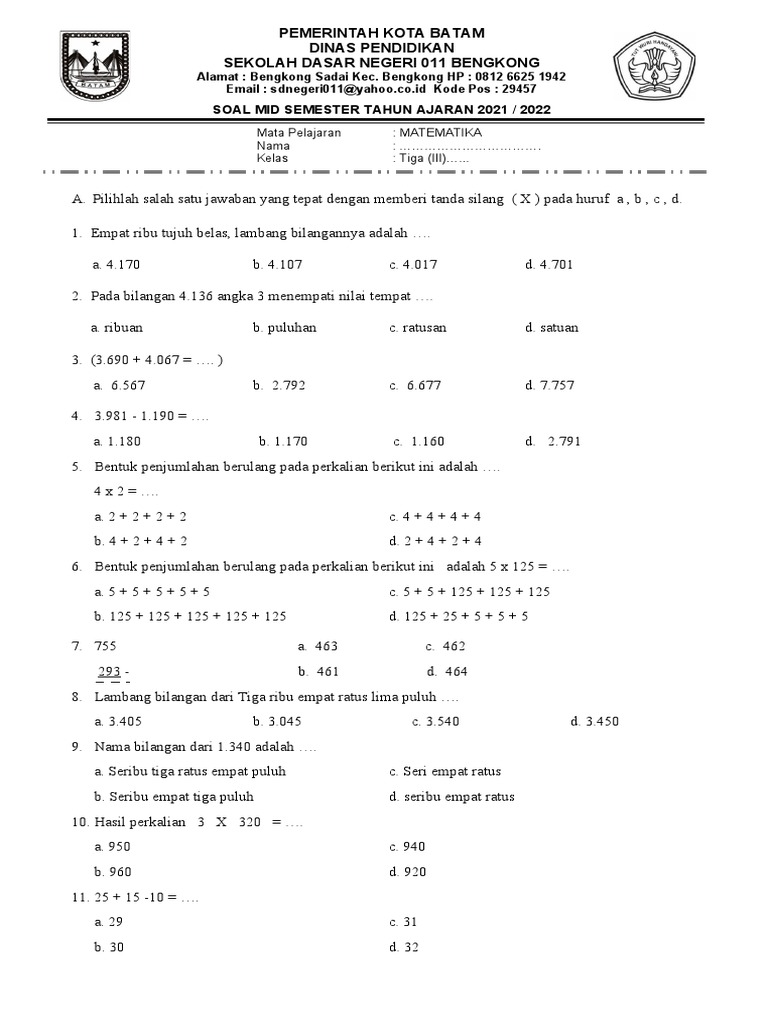Soal Matematika MID Kelas 3 (Andriati) | PDF