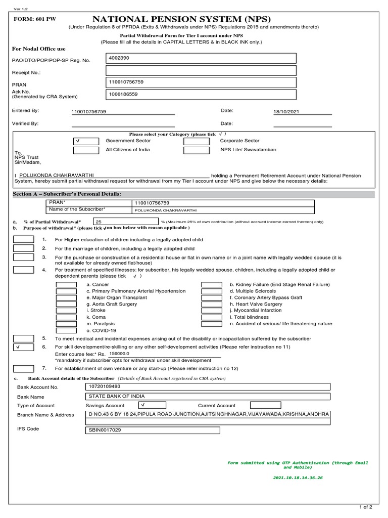 National Pension System (NPS) : FORM: 601 PW | PDF | Medical ...