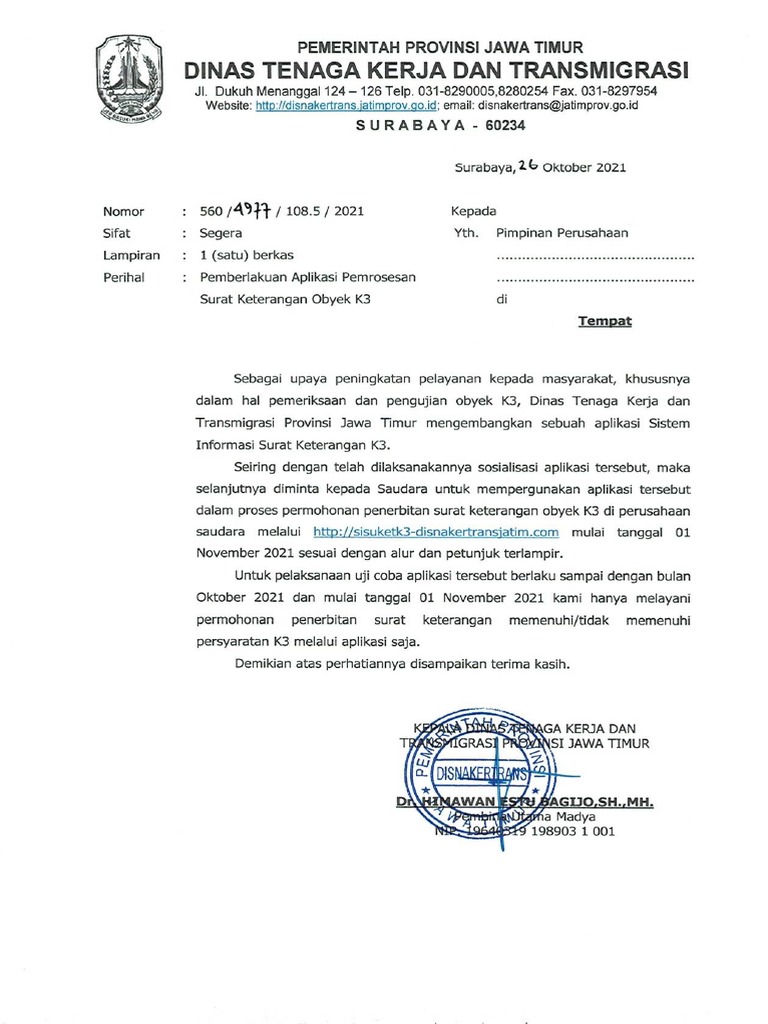 Surat Pemberlakuan Aplikasi Pemrosesan Surat Keterangan Obyek K3 Untuk Perusahaan | PDF