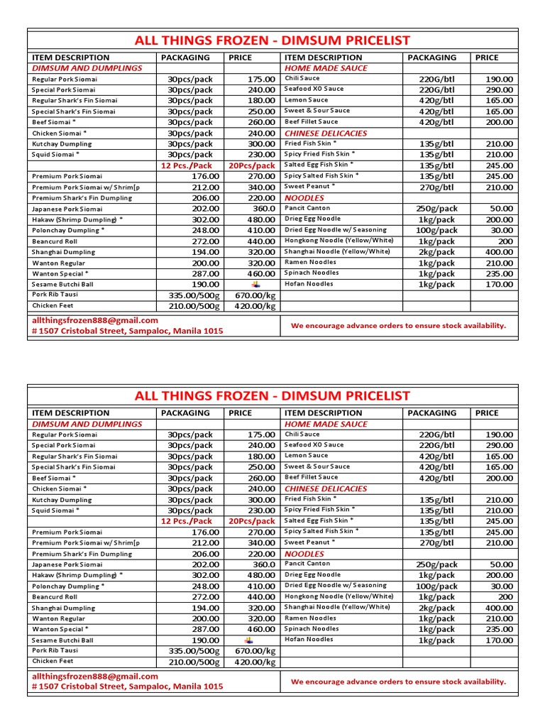 All Things Frozen Pricelist | PDF | Dumpling | Chinese Cuisine