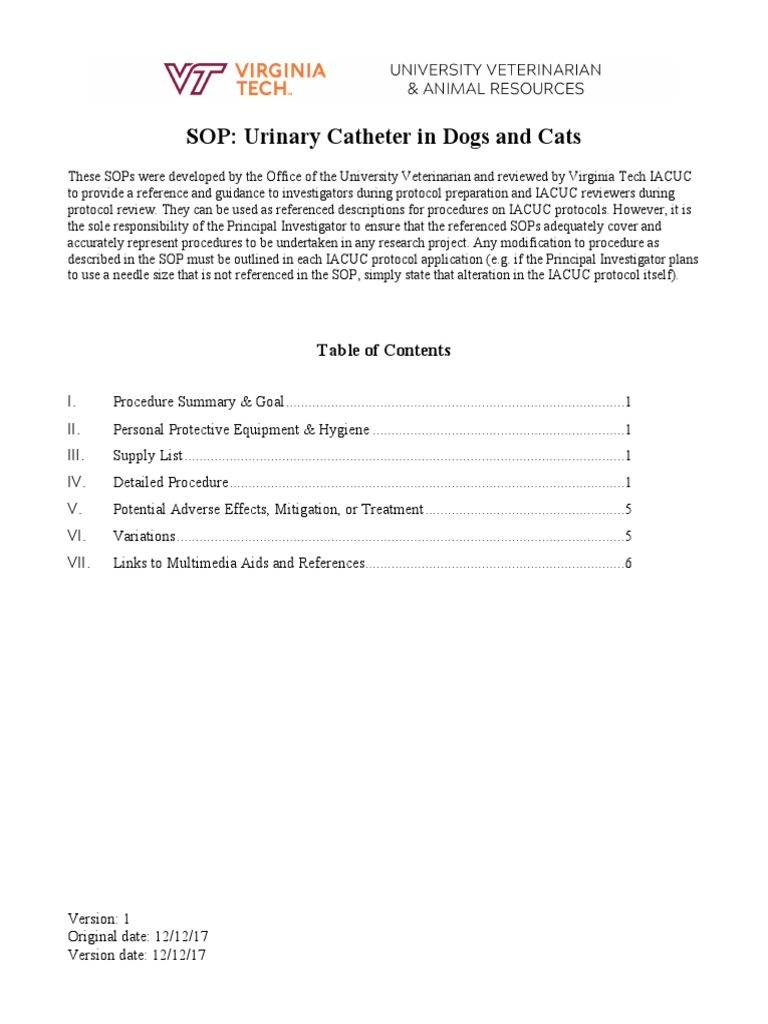 SOP: Urinary Catheter in Dogs and Cats | PDF | Catheter | Urinary ...