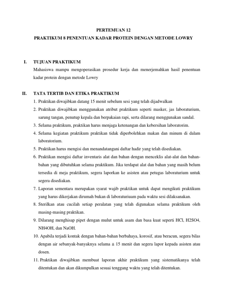 Modul Pertemuan 12 - Percobaan 8 Penentuan Kadar Protein Dengan Metode Lowry | PDF