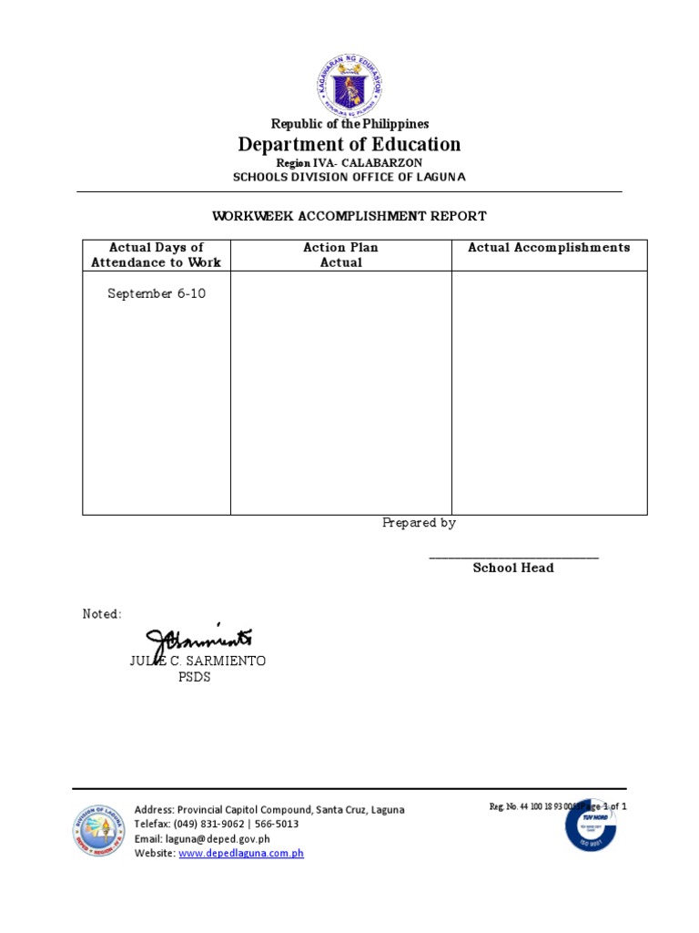 WORKWEEK ACCOMPLISHMENT REPORT Format | PDF
