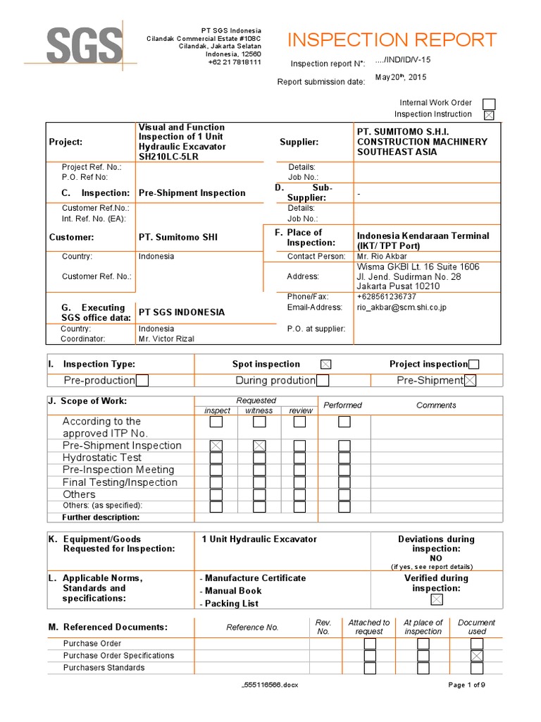 Pre-Shipment Inspection Report for Excavator | PDF