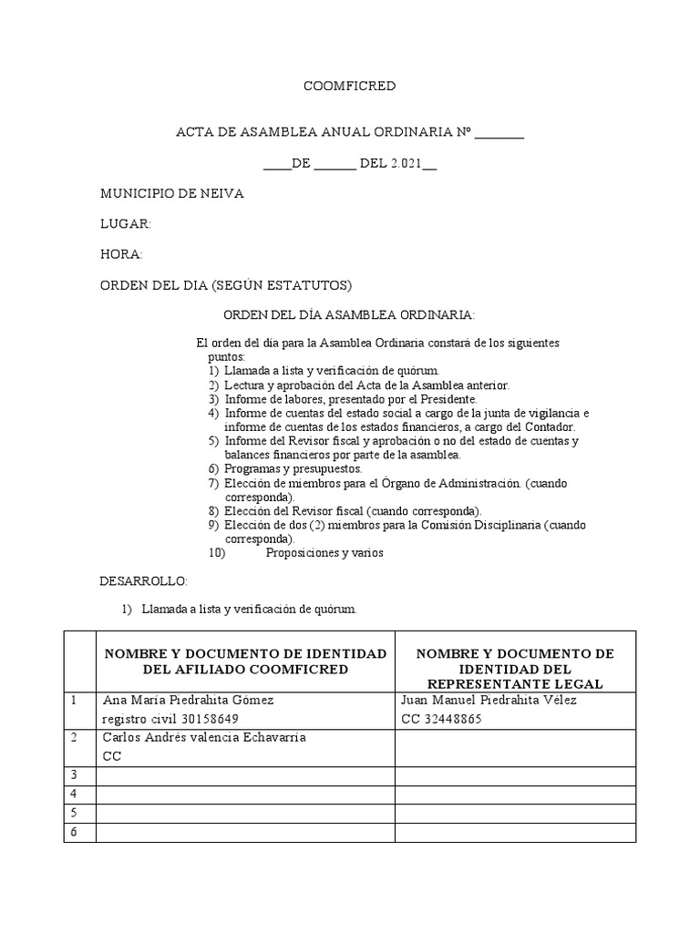 Orden Del Dia y Acta para Asamblea Ordinaria | PDF | Gobierno