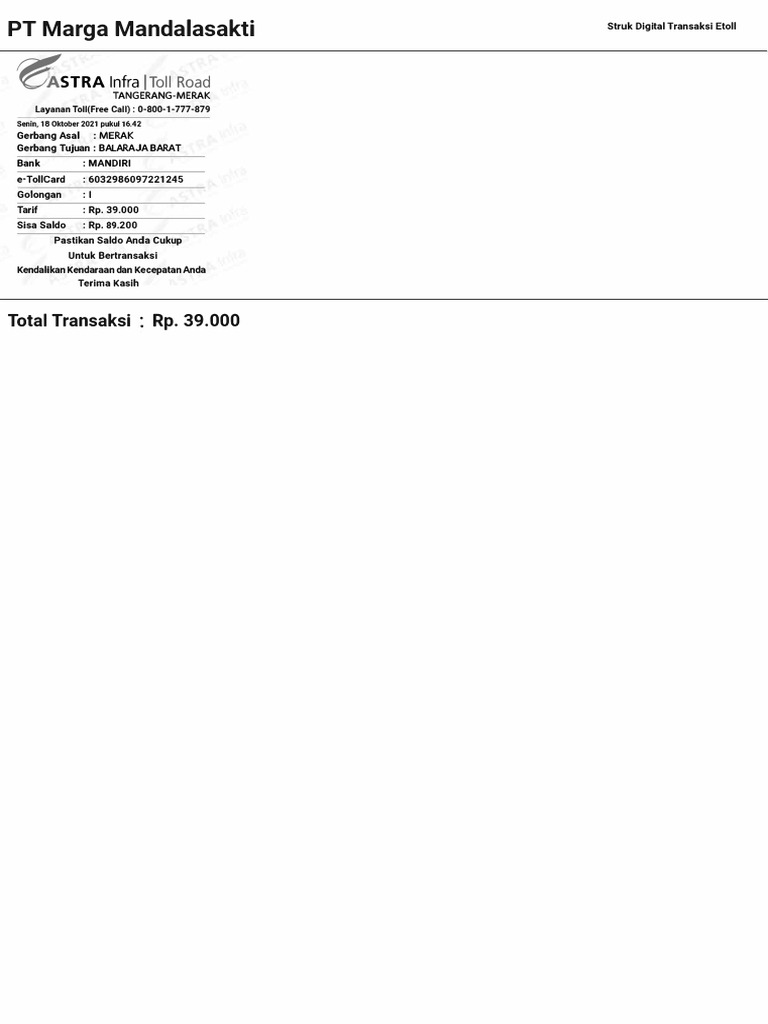 Struk Digital Transaksi e-Toll Astra | PDF | Teknologi & Rekayasa