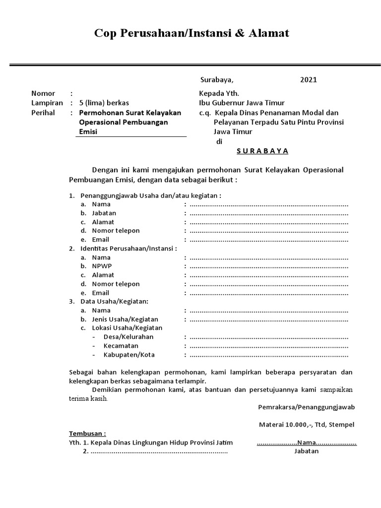 PERMOHONAN SURAT KELAYAKAN OPERASIONAL PEMBUANGAN EMISI | PDF