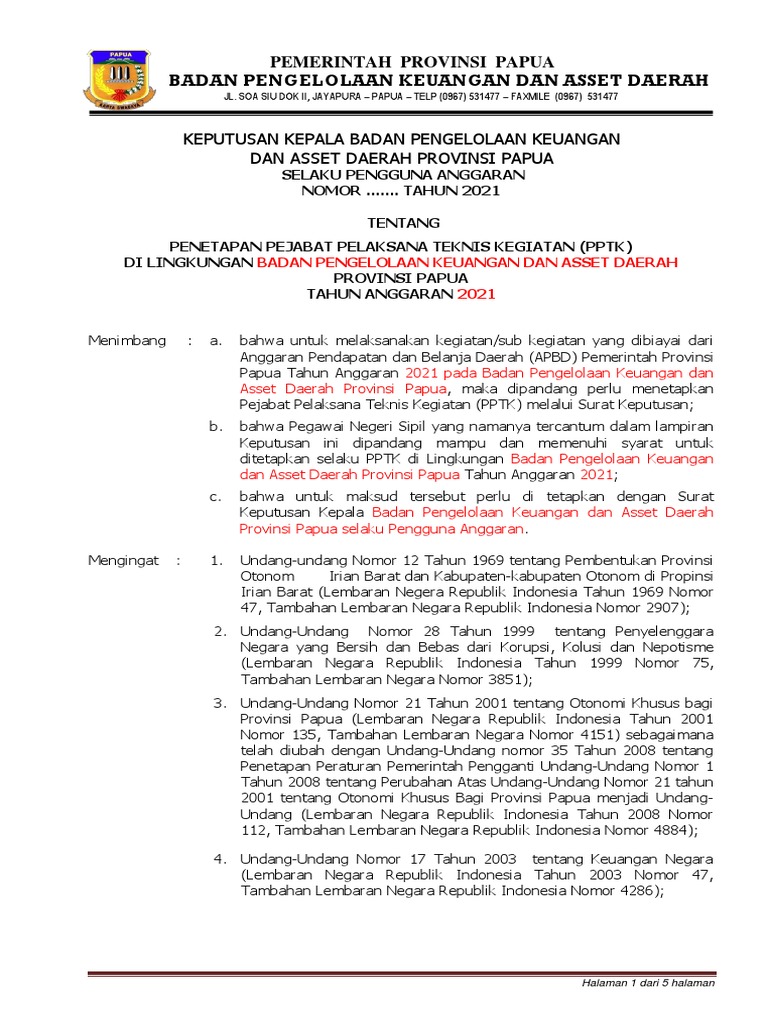 Contoh SK PPTK Tahun 2021 | PDF