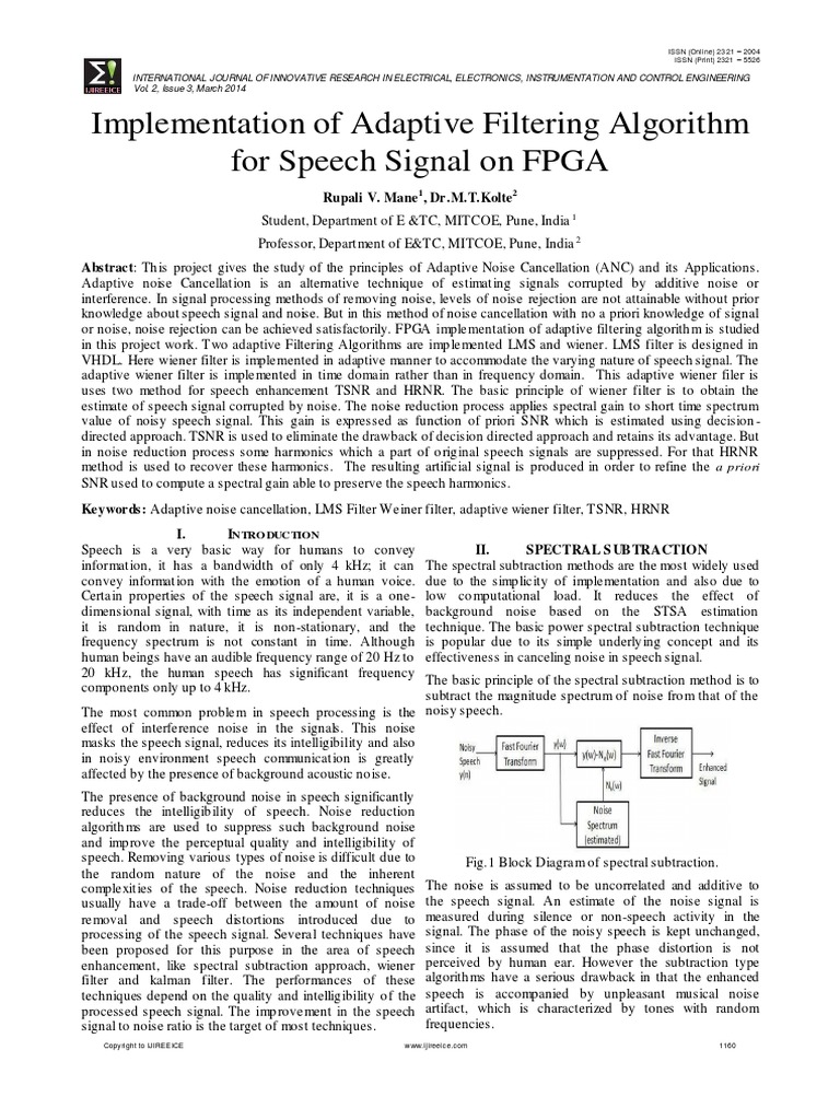 Implementation of Adaptive Filtering Algorithm For Speech Signal On FPGA | PDF | Spectral ...