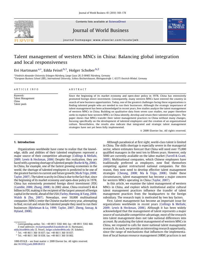 Talent Management of Western MNCs in China Balancing Global Integration ...