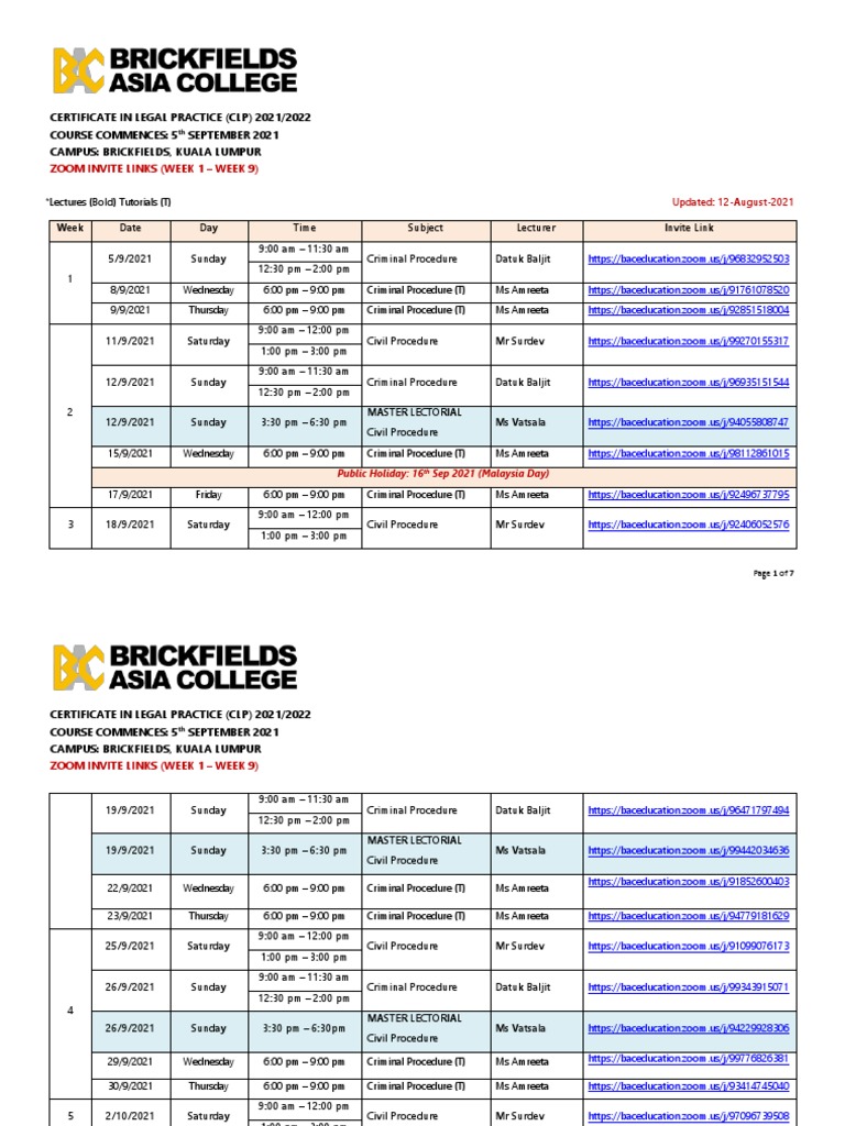 CLP2021 September Timetable KL - Week 1 To Week 9 - Updated 12.8.2021 ...