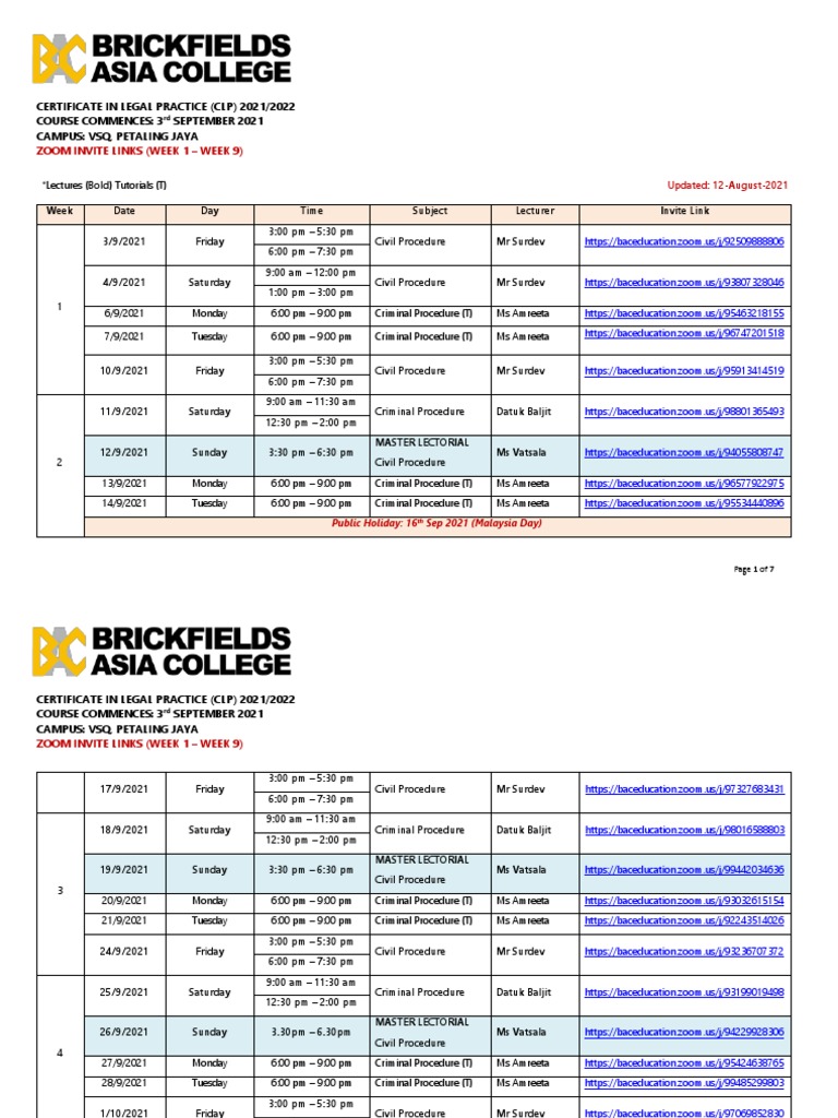 CLP2021 September Timetable PJ - Week 1 To Week 9 - Updated 12.8.2021 ...