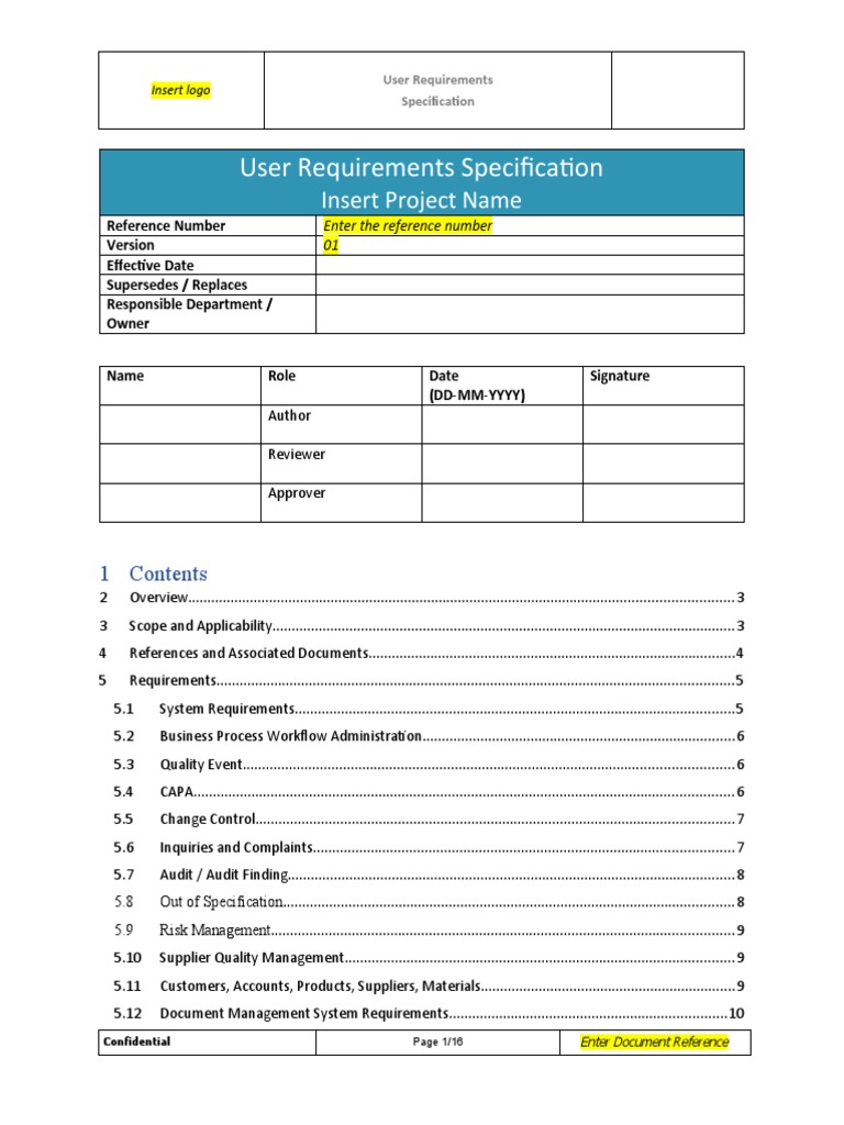 User Requirements Specification: Insert Project Name | PDF ...