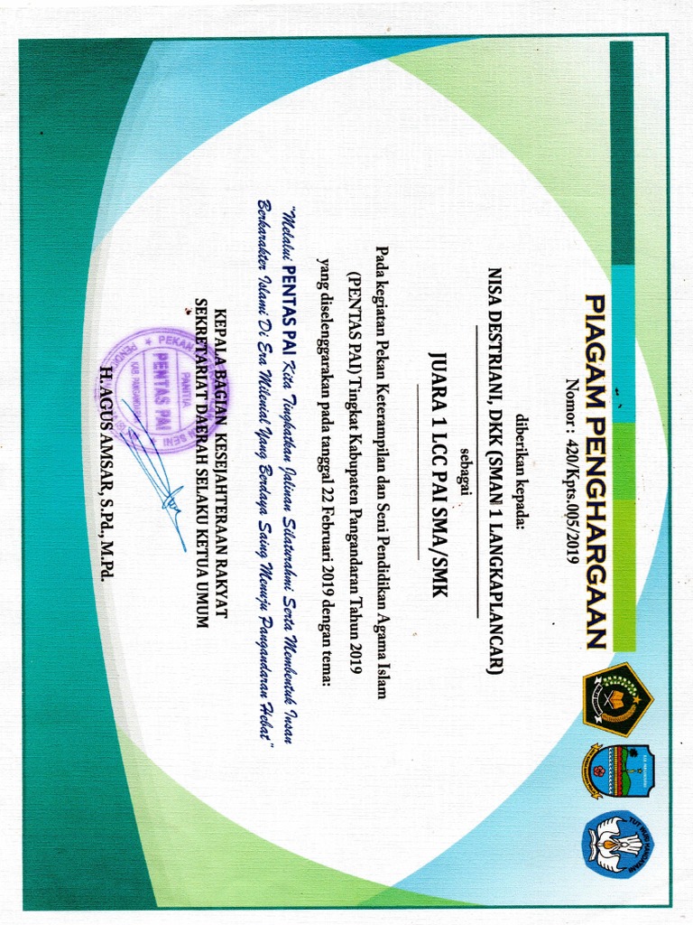 Piagam Penghargaan LCC Juara 1 IRMA DKK 2019 | PDF