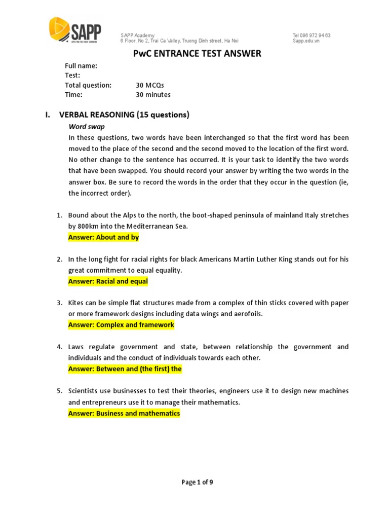 PwC Entrance Test Answers Guide | PDF | Acid