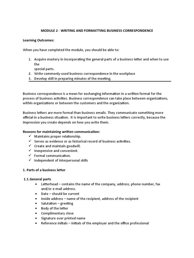 Module 2 - Writing and Formatting Business Correspondence Learning ...