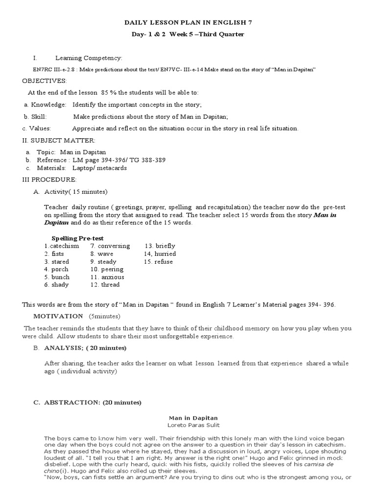 Daily Lesson Plan in English 7 Day-1 & 2 Week 5 - Third Quarter | PDF ...