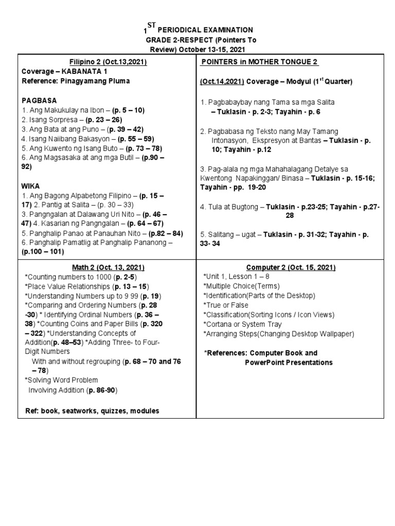 Updated-1st Periodical Exam - Pointers To Review - Grade 2 Respect - S ...