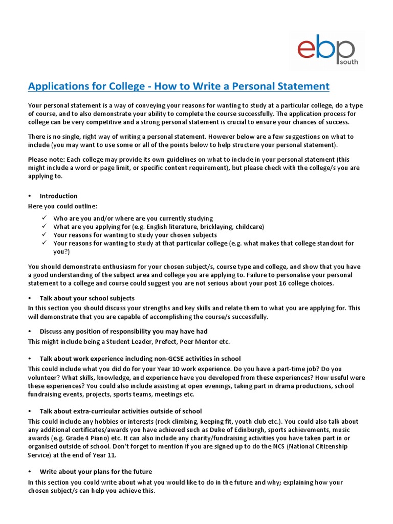 Applications For College - How To Write A Personal Statement | PDF