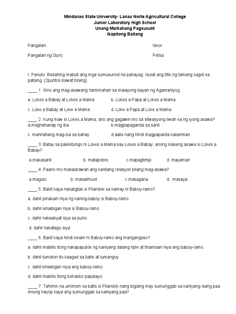 Grade 7 - Filipino Exam | PDF