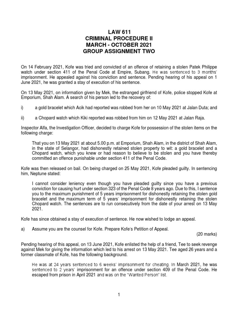 Law611 - Group Assignment 2 - March - Oct 2021 | PDF | Plea | Theft