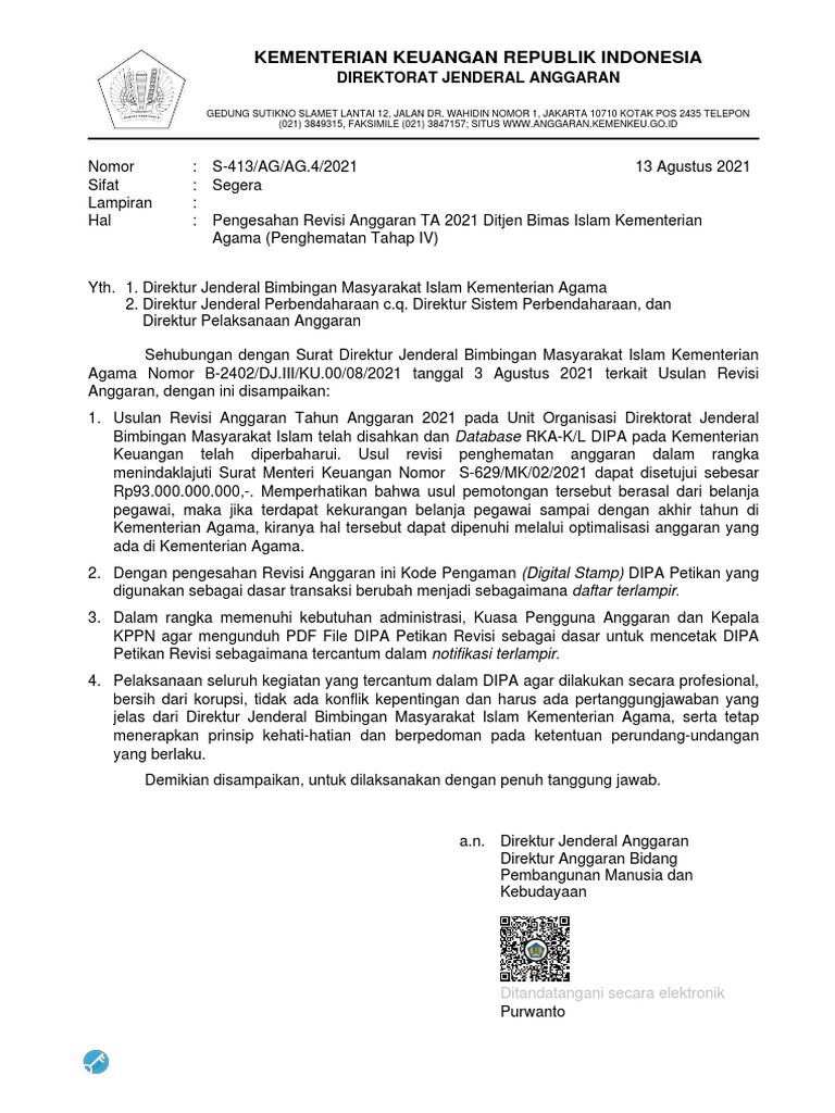 S-413 Bimas Islam | PDF | Pengelolaan Keuangan & Uang