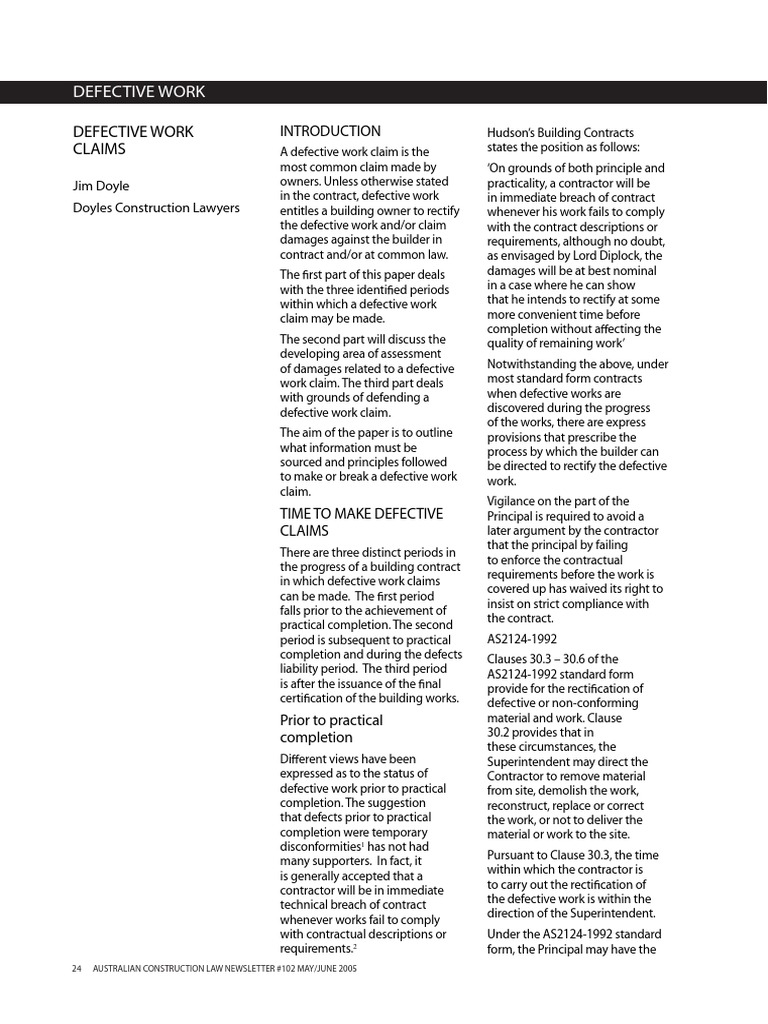 Defective Work Claims | PDF | Damages | Breach Of Contract