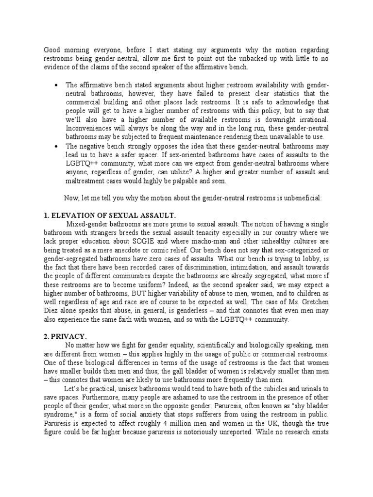 DEBATE About Gender Neutral Bathrooms | PDF | Gender | Gender Studies