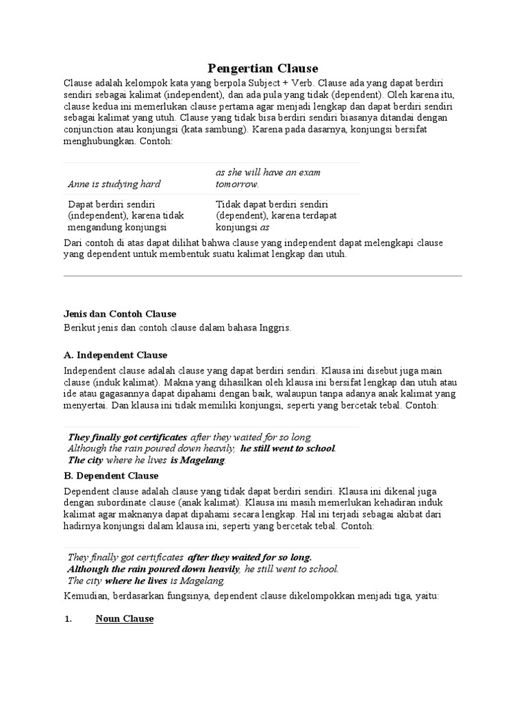 Jenis dan Contoh Clause dalam Bahasa Inggris | PDF | Seni & Disiplin Bahasa