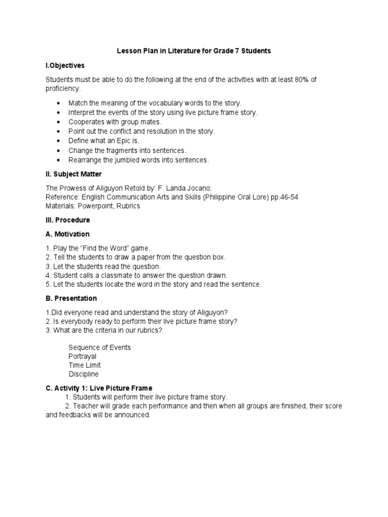 Grade 7 Literature Lesson Plan | PDF | Rubric (Academic) | Pedagogy