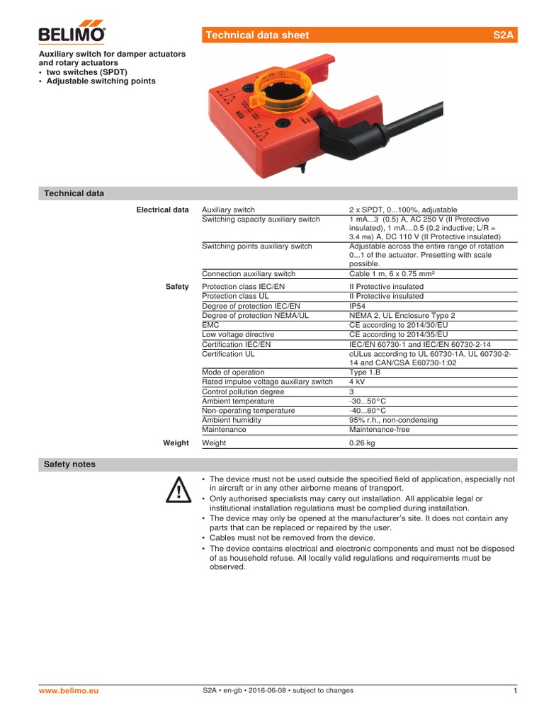 Belimo S2A Datasheet En-Us | PDF | Switch | Actuator