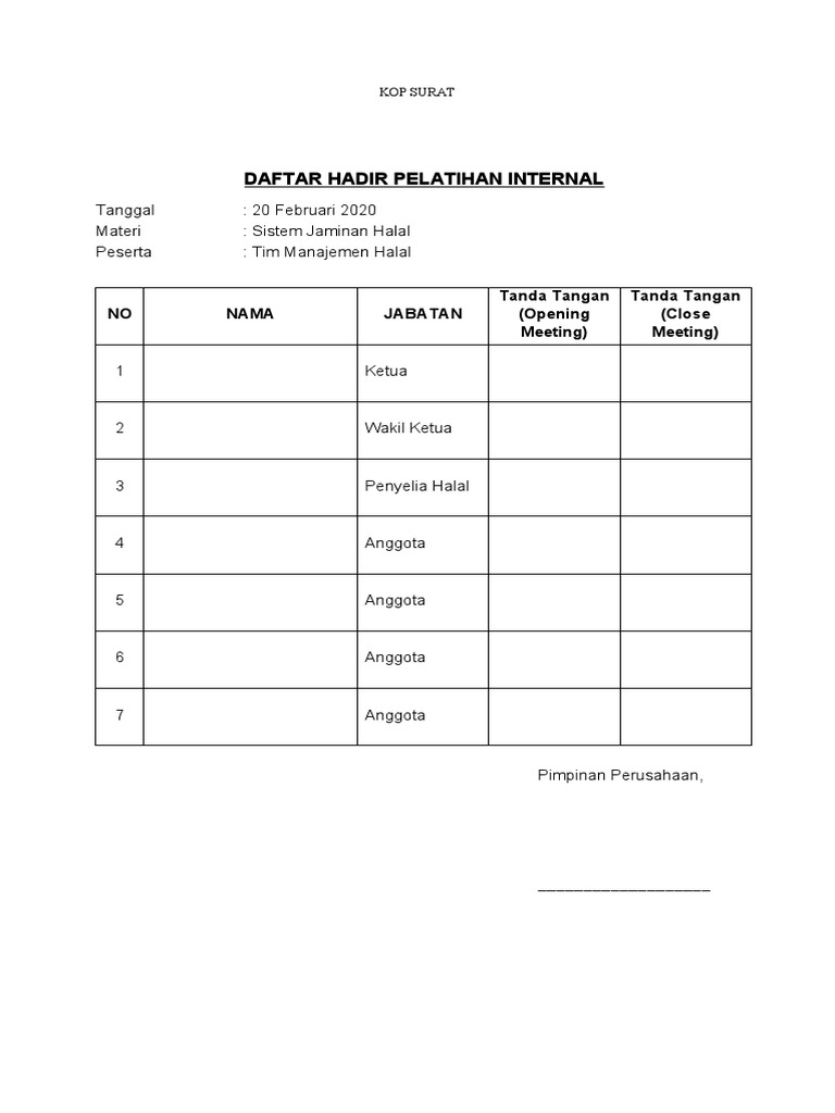 Contoh Daftar Hadir Pelatihan Dan Materi | PDF