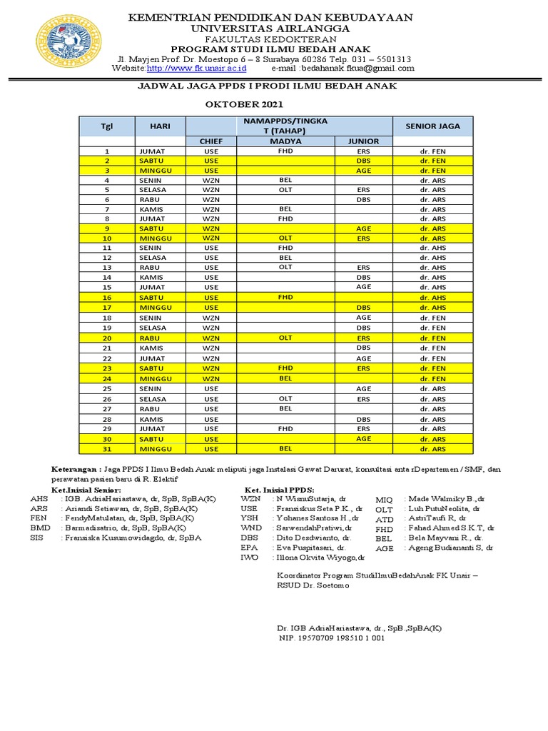 Jadwal Jaga Stase Oktober 2021 | PDF
