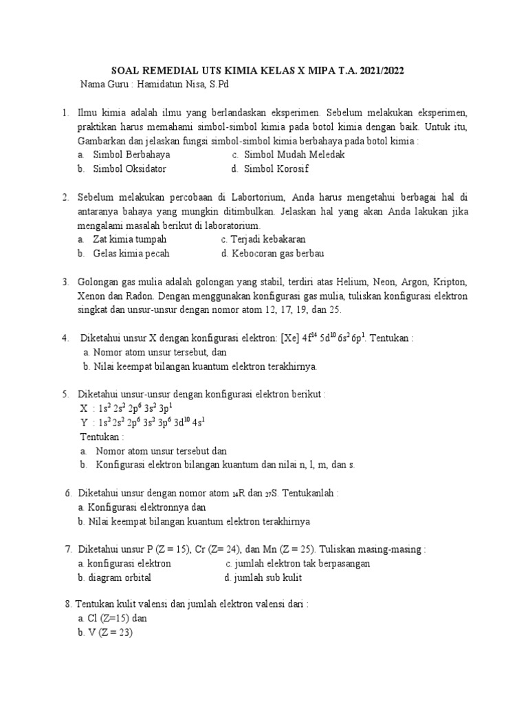 Soal Remedial Uts Kimia Kelas X Mipa T | PDF